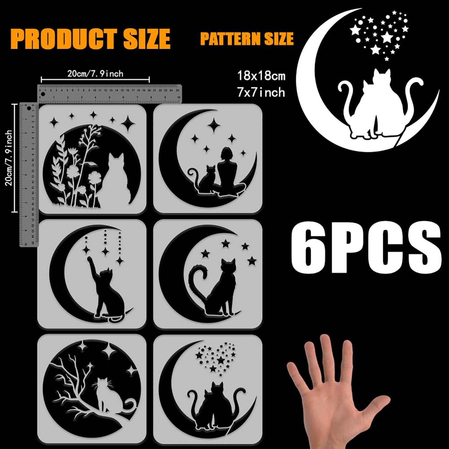 Buy 6 Pcs Moon Cat Painting Stencil Set Cat Silhouette Star Girl Cliths