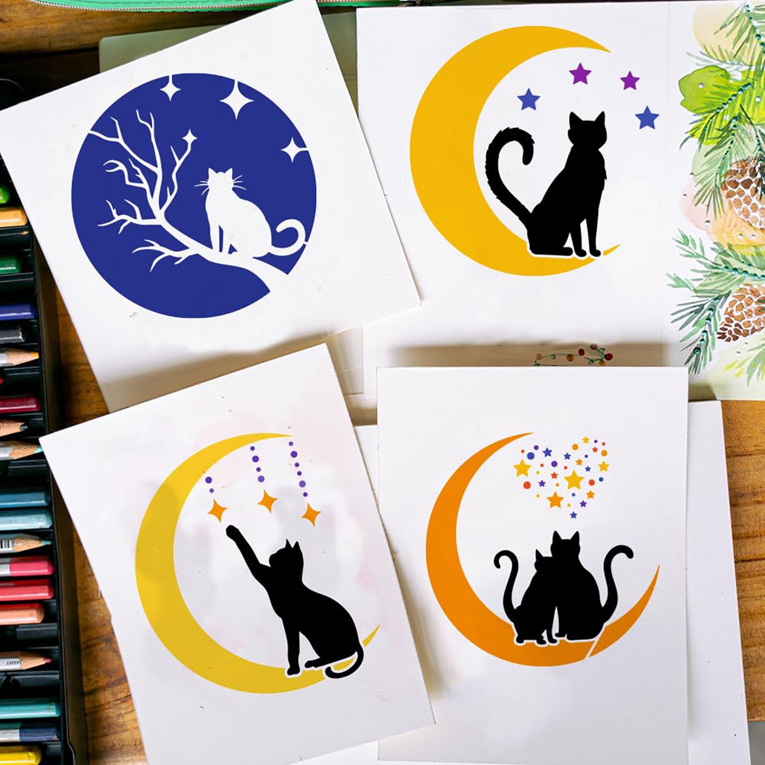 Buy 6 Pcs Moon Cat Painting Stencil Set Cat Silhouette Star Girl Cliths